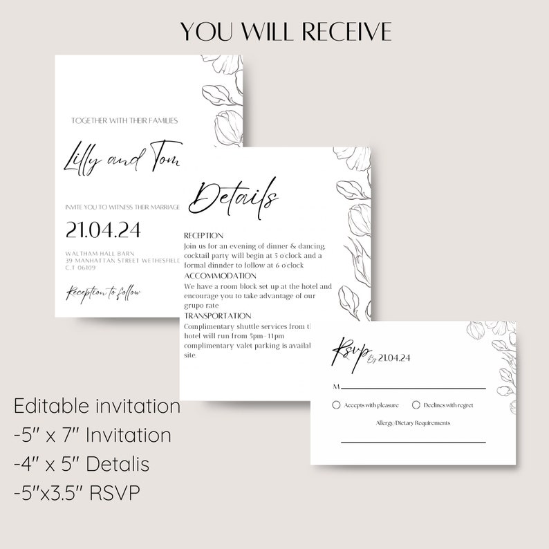 Minimalist Floral Line Art Wedding Invitation Template Set, Wildflower ...