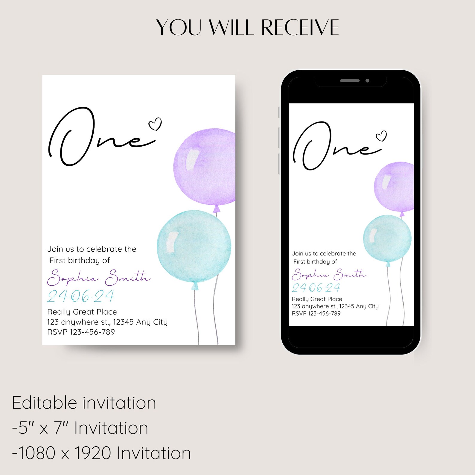 Ballons One Birthday Invitation Template | 1st Birthday| Kids Minimal ...
