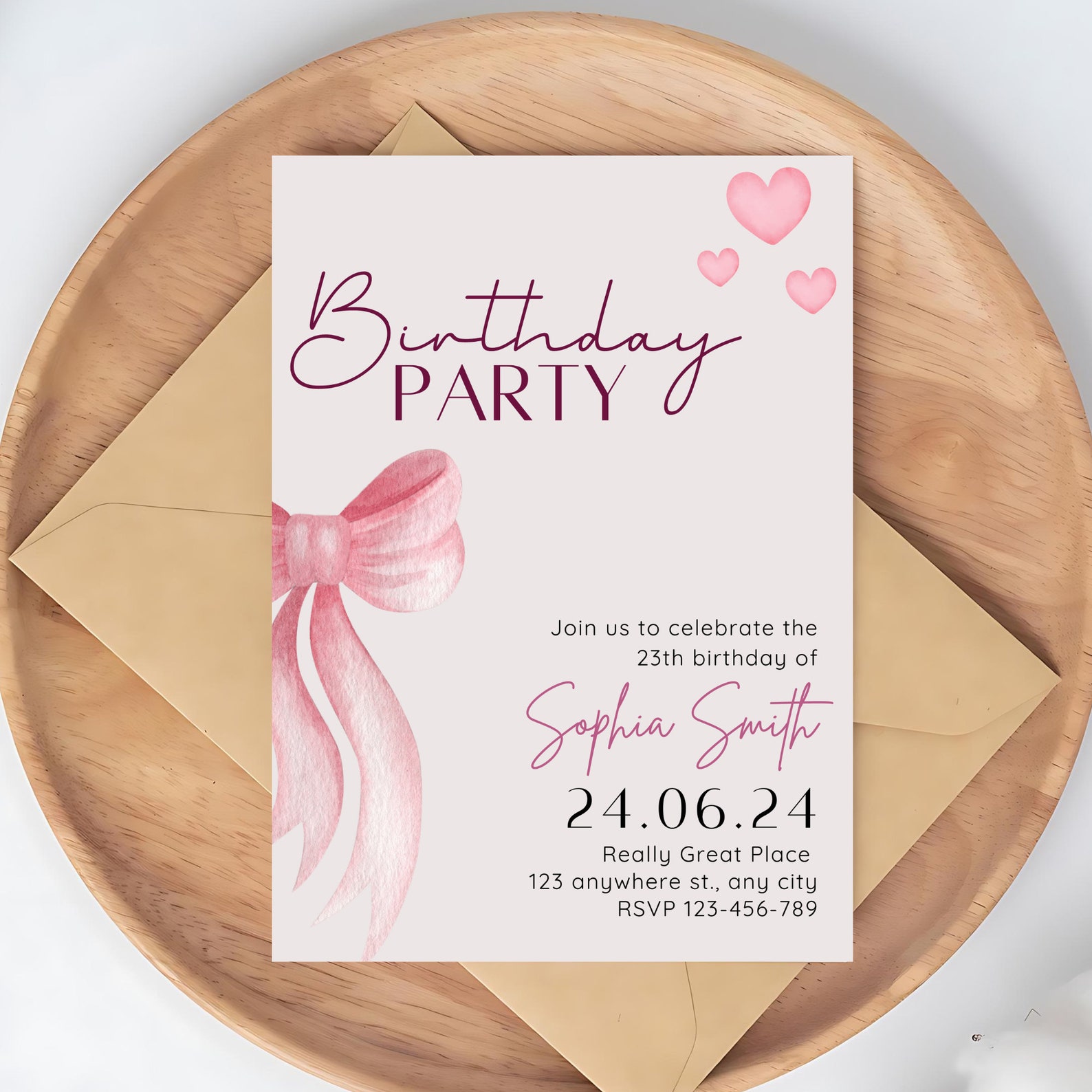 Pink Ribbon Minimal Birthday Invitation Template | Coquette Birthday ...