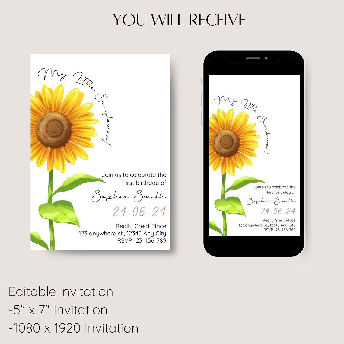 Sunflower Birthday Invitation Template One Birthday Minimal Party First ...