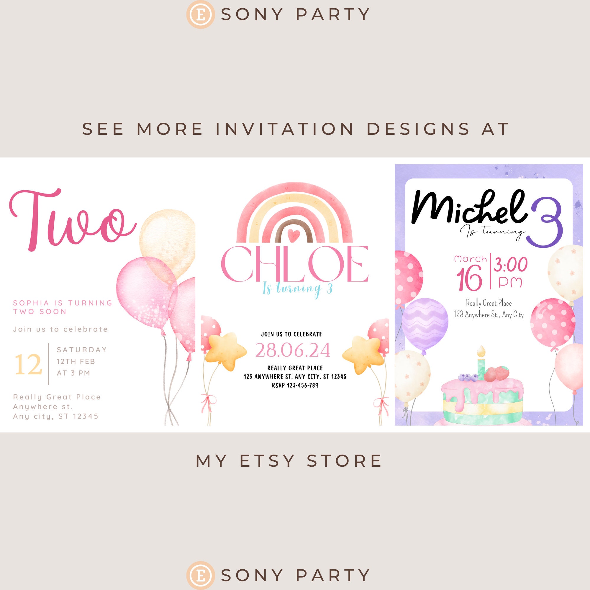 Ballons Two Birthday Invitation Template | 2nd Birthday| Kids Yellow ...