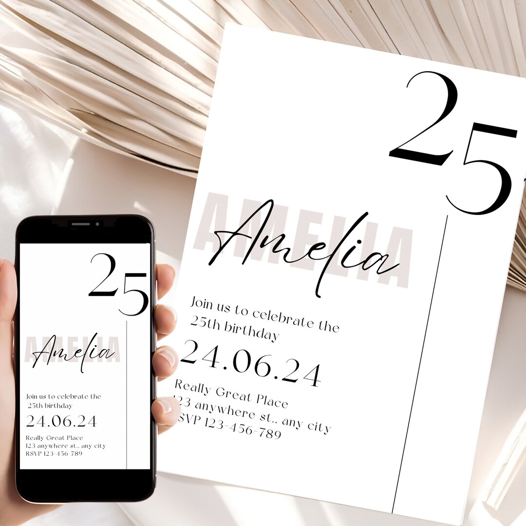 Twenty Five 25th Birthday Invitation Template, Elegant Birthday ...