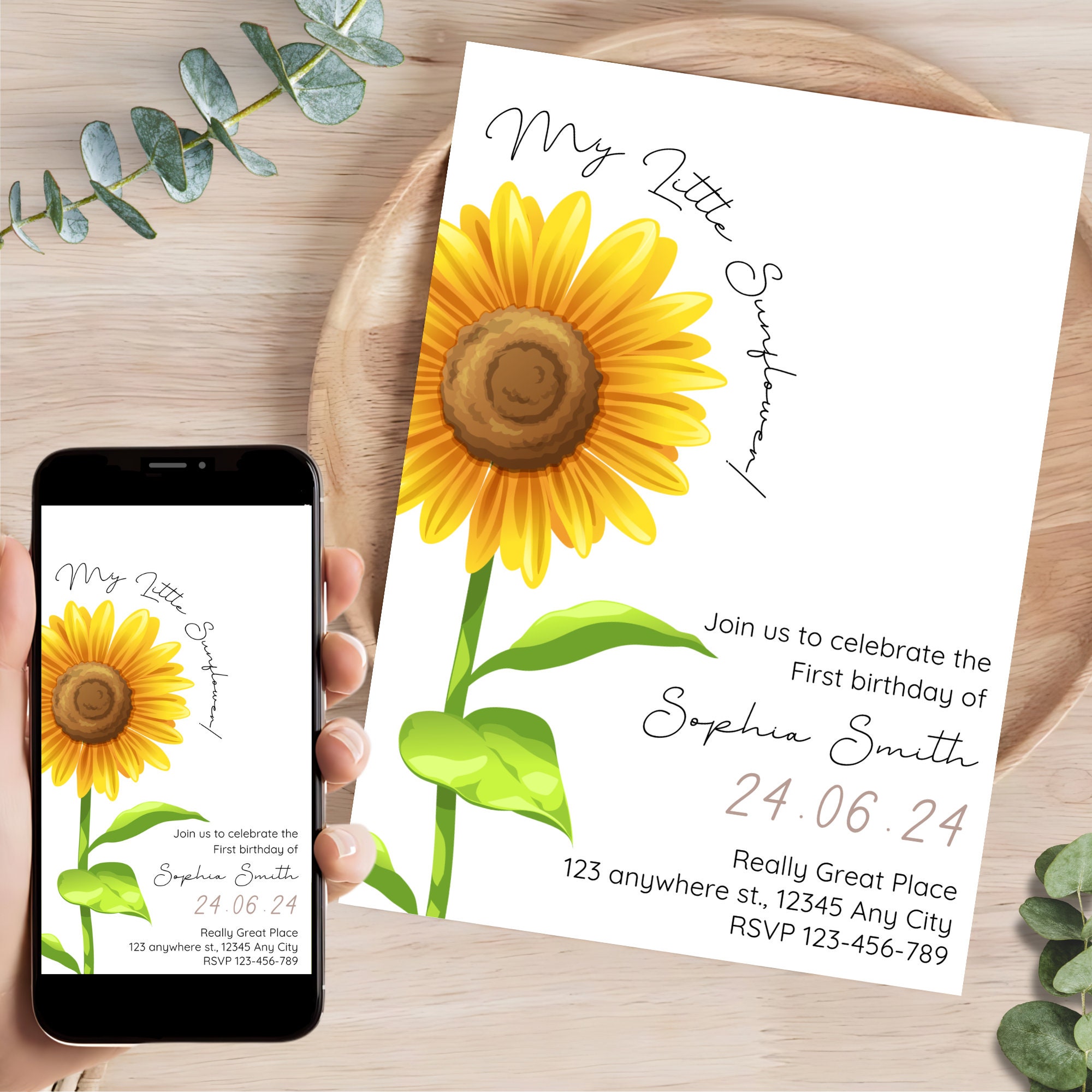Sunflower Birthday Invitation Template | One Birthday | Minimal Party ...