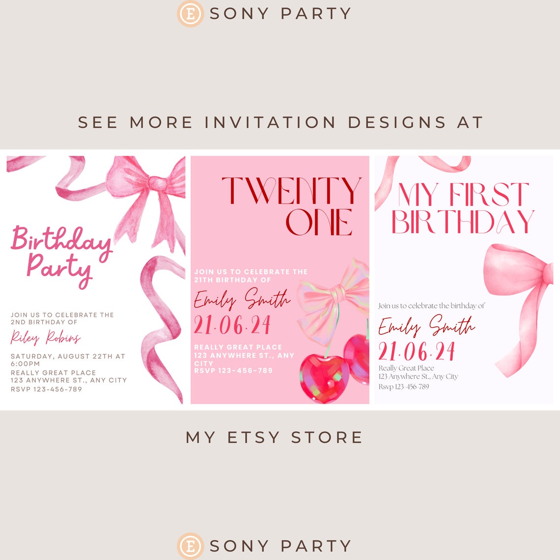 Pink Ribbon Minimal Birthday Invitation Template | Coquette Birthday ...