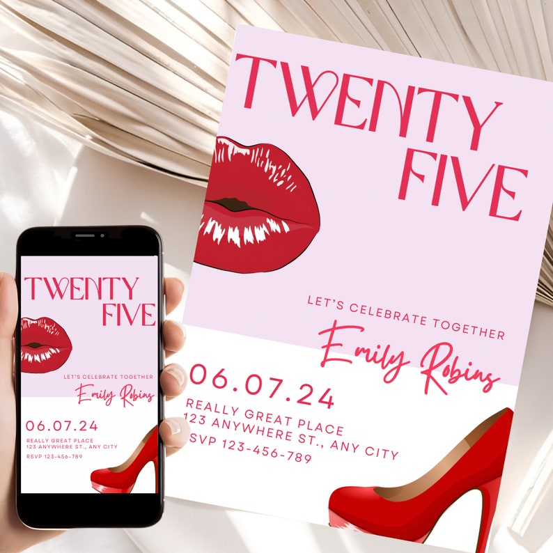 Twenty Five 25th Red and Pink Birthday Invitation, Fancy Pink, Twenties ...