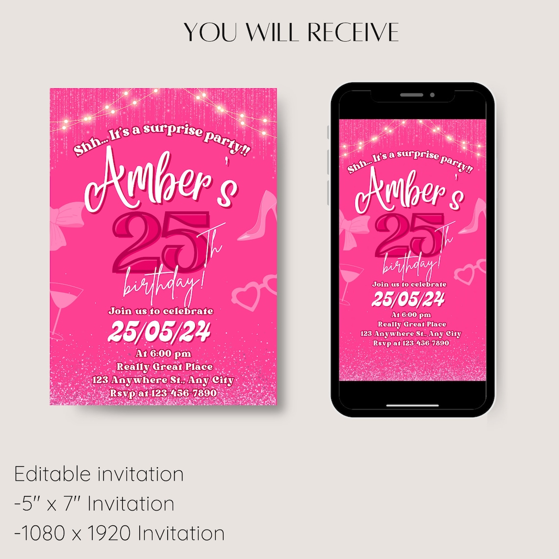 Girly Birthday Invitation, Surprise Party Invitation, 25th Birthday ...
