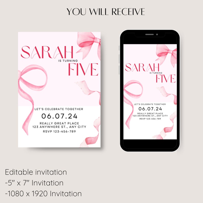Pink Ribbon Minimal Birthday Invitation Template | Coquette Five ...