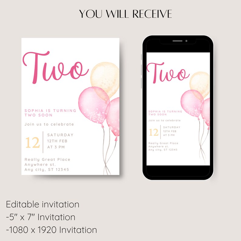 Ballons Two Birthday Invitation Template 2nd Birthday Kids Minimal ...