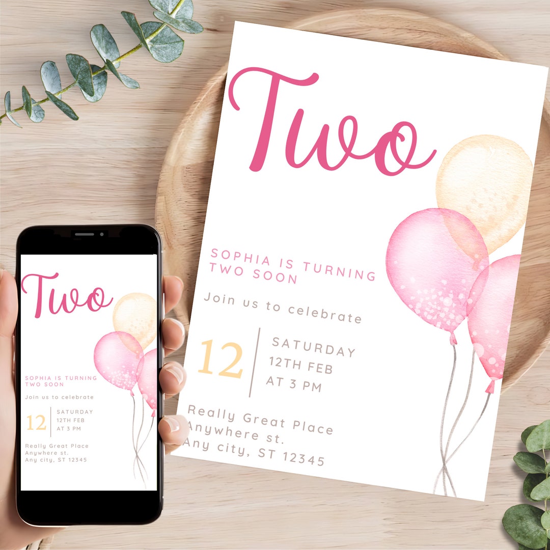 Ballons Two Birthday Invitation Template | 2nd Birthday| Kids Minimal ...