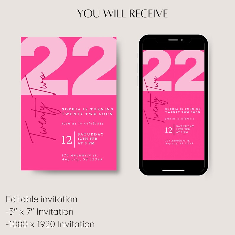 22th Minimal Birthday Invitation, Fancy Pink, Twenties Invitation ...