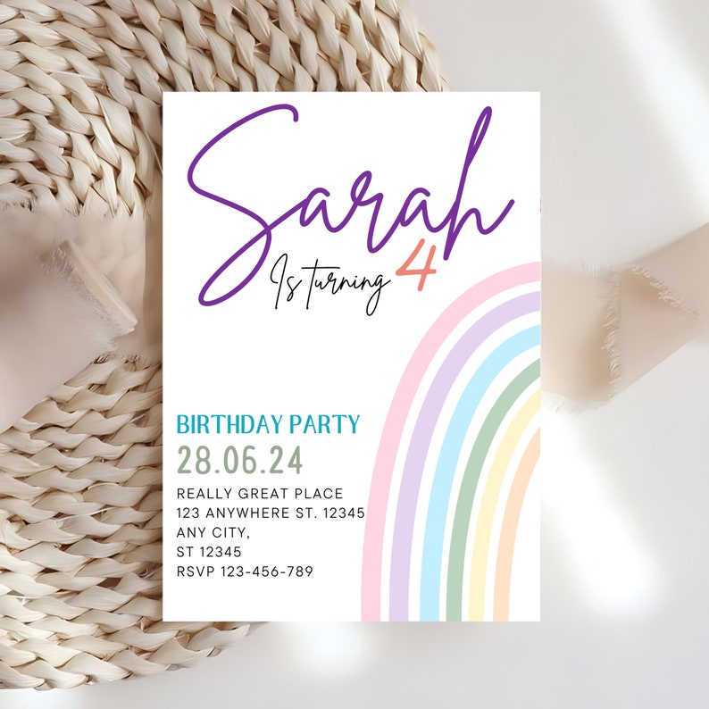 Rainbow Cute Birthday Invitation Template | Four Birthdays | Minimal ...
