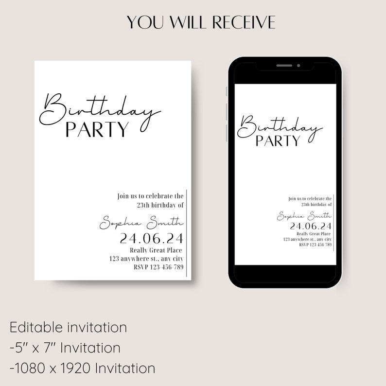 Minimal Birthday Invitation Template | Elegant Birthday | Minimal Party ...