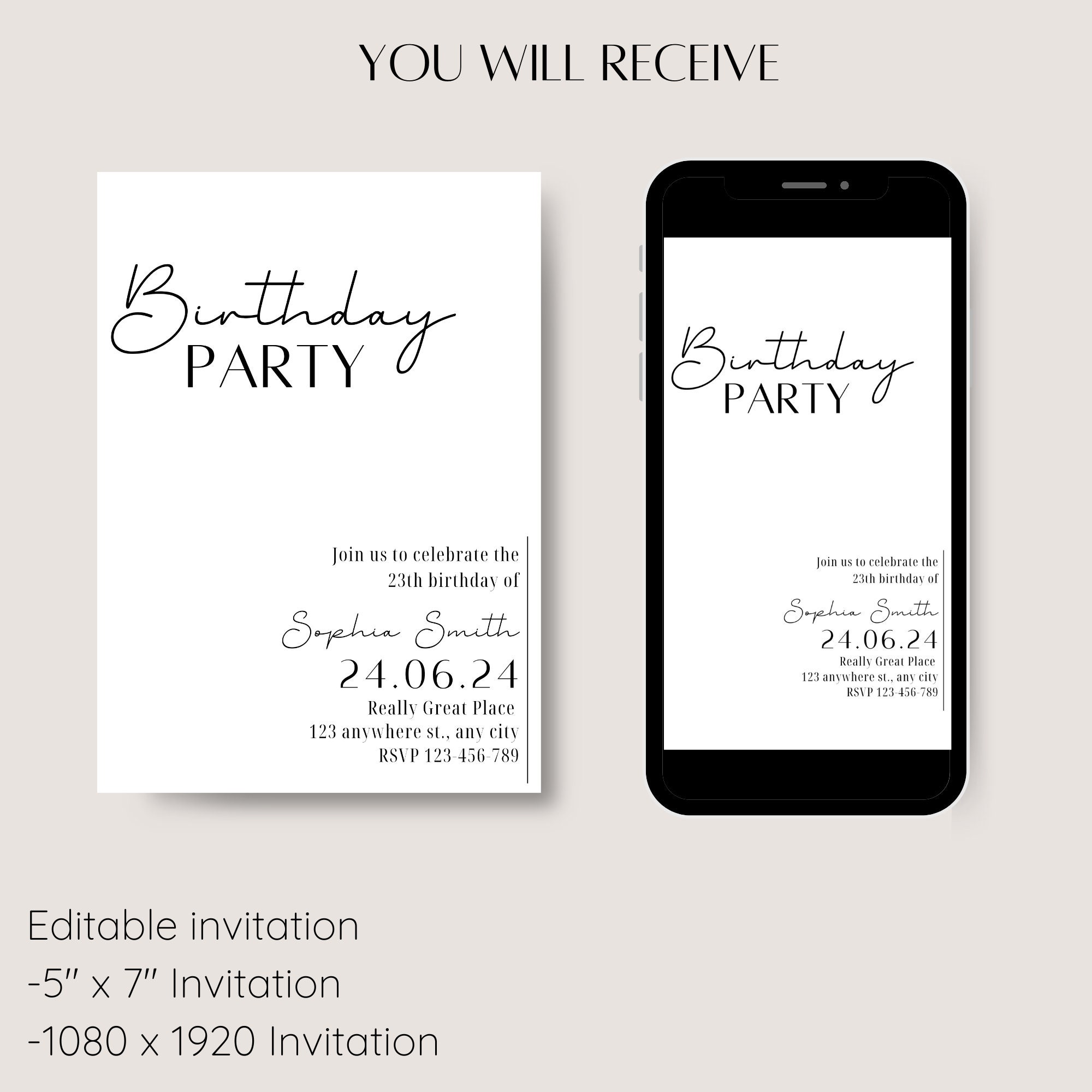 Minimal Birthday Invitation Template | Elegant Birthday | Minimal Party ...