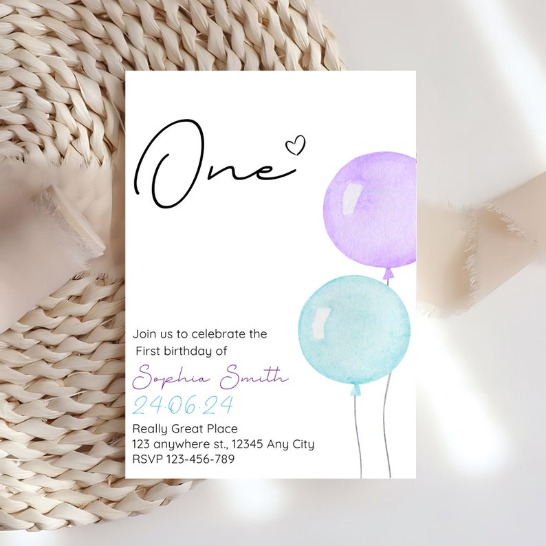 Ballons One Birthday Invitation Template | 1st Birthday| Kids Minimal ...