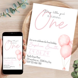 Ballons One Birthday Invitation Template | 1st Birthday| Kids Minimal ...