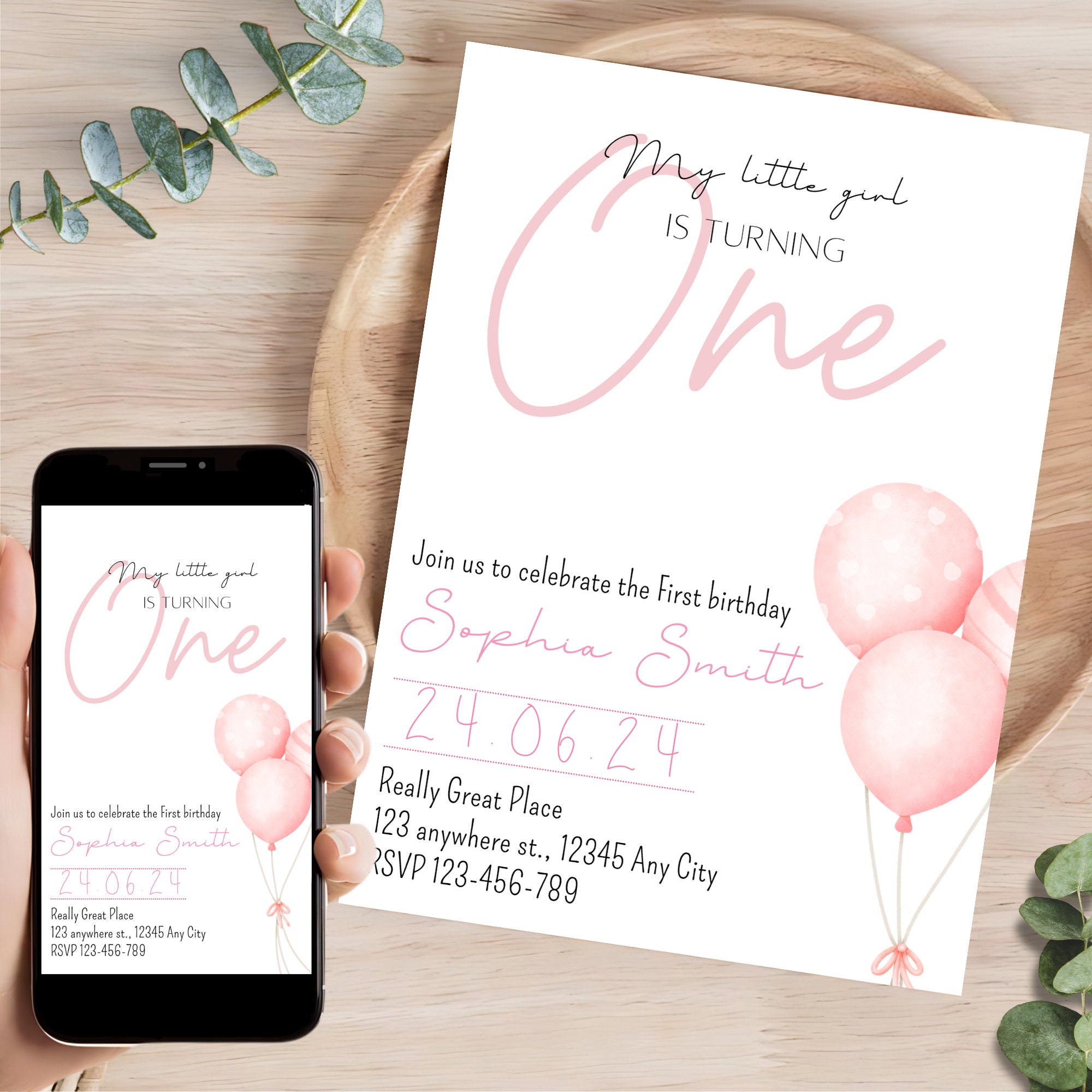 Ballons One Birthday Invitation Template | 1st Birthday| Kids Minimal ...