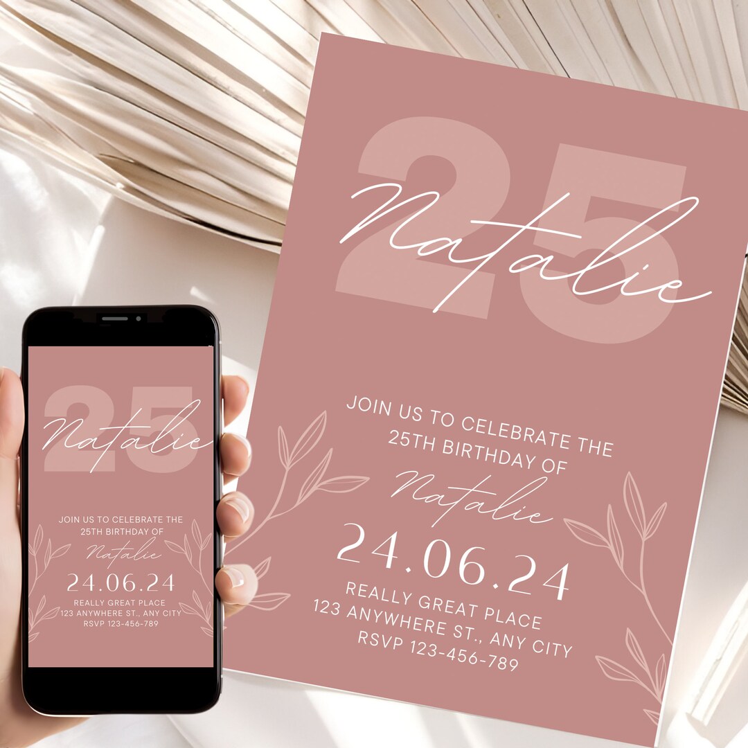 Twenty Five 25th Birthday Invitation Template, Pink Invite Elegant ...
