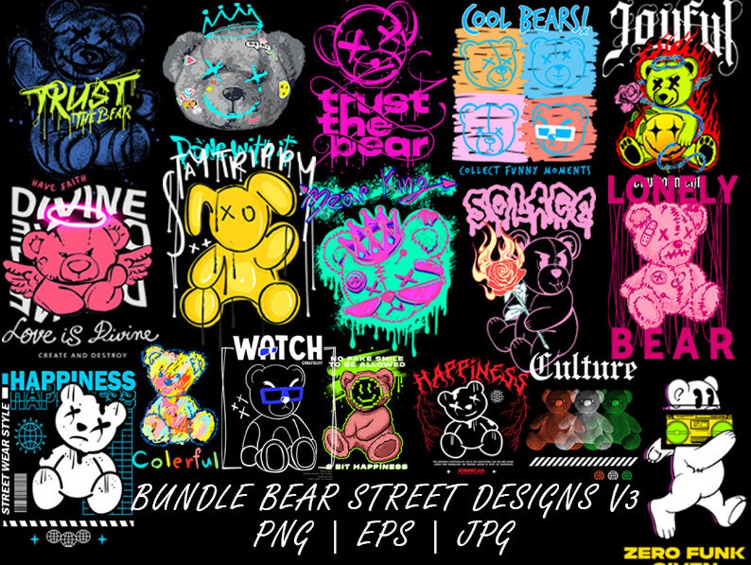 Bear T-shirt Designs Bundle, 60 Bear Streetwear Design, Shirt Design ...