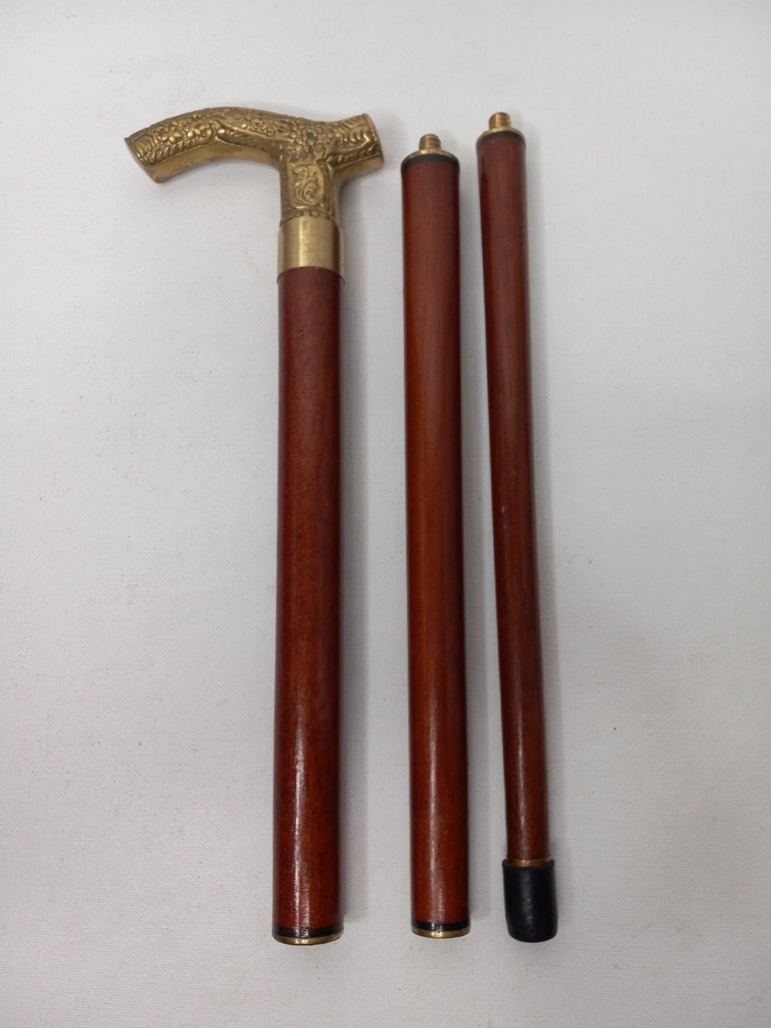 Vintage Wooden 3 Sectional Packable Walking Cane With Ornate Brass ...
