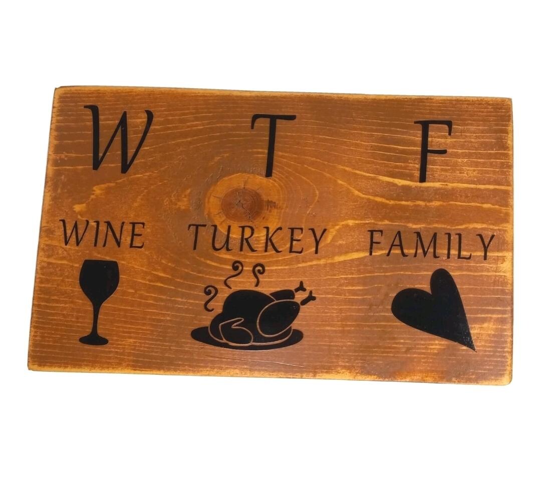 Thanksgiving Wood Wall Sign 12x7 Inch Wine Turkey Family Seasonal Home ...