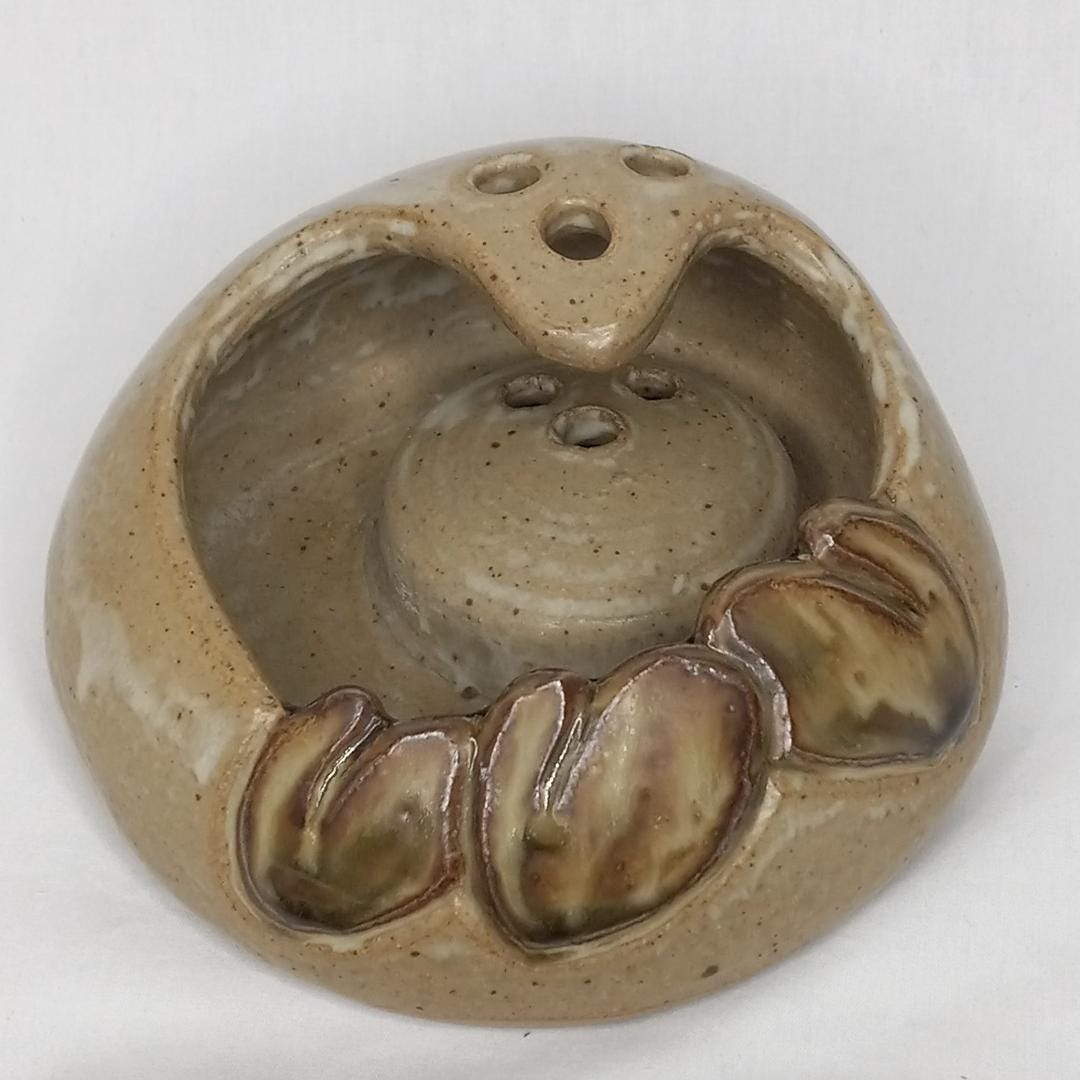 Vintage 3 Stem Flower Frog Hand Thrown Stoneware Drip Glaze Pottery ...