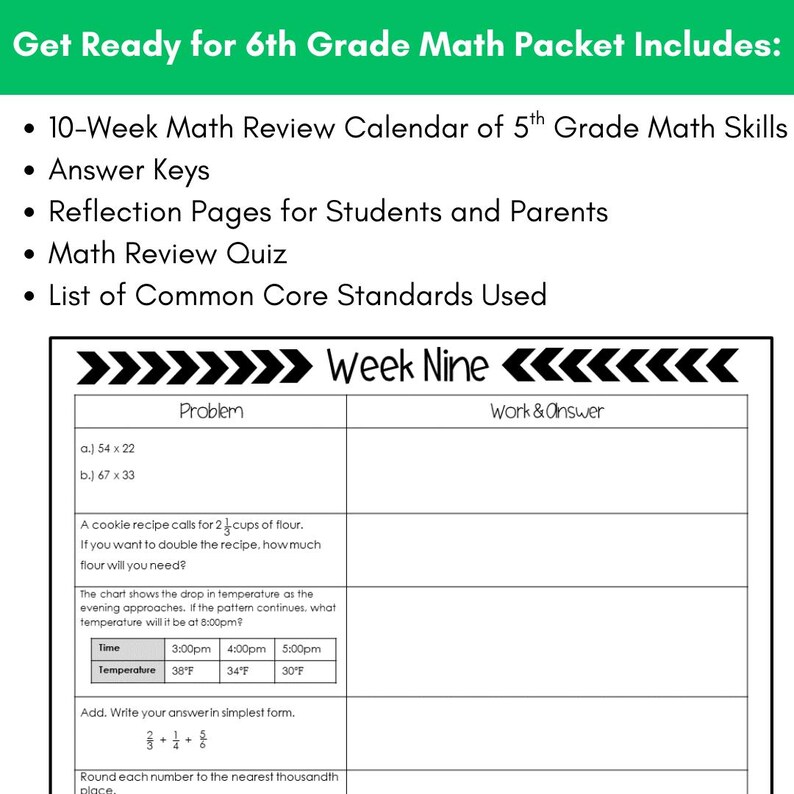 6th Grade Summer Math Worksheet Packet Review of 5th Grade Skills - Etsy