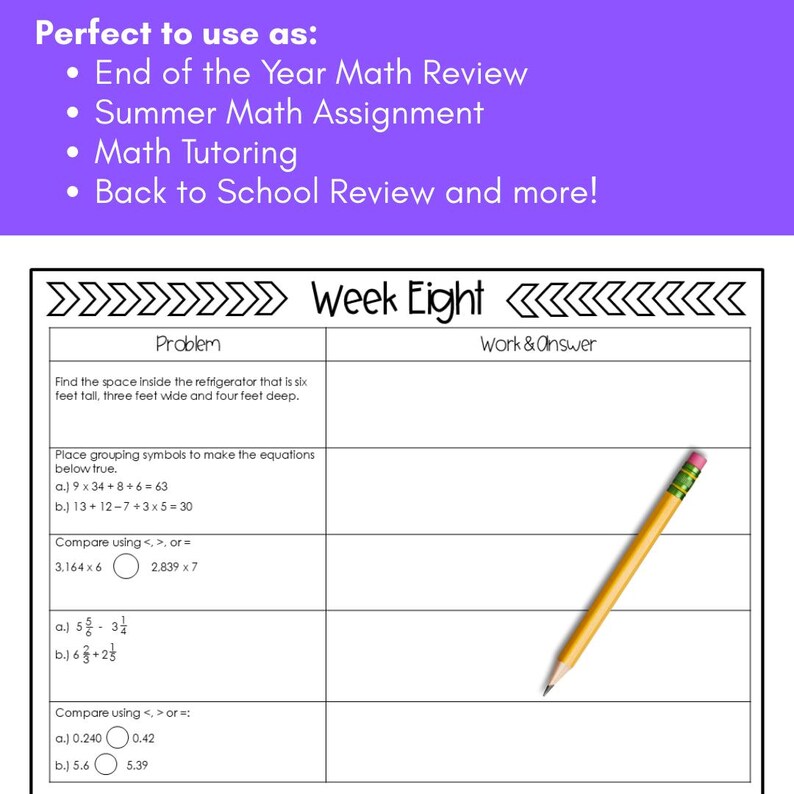 6th Grade Summer Math Worksheet Packet Review of 5th Grade Skills - Etsy