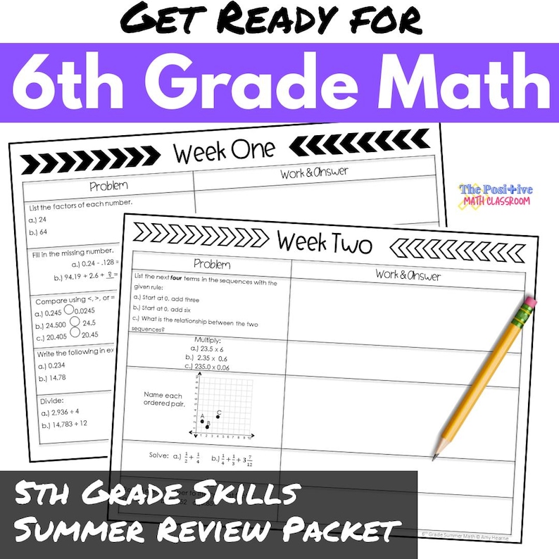 6th Grade Summer Math Worksheet Packet Review of 5th Grade Skills - Etsy