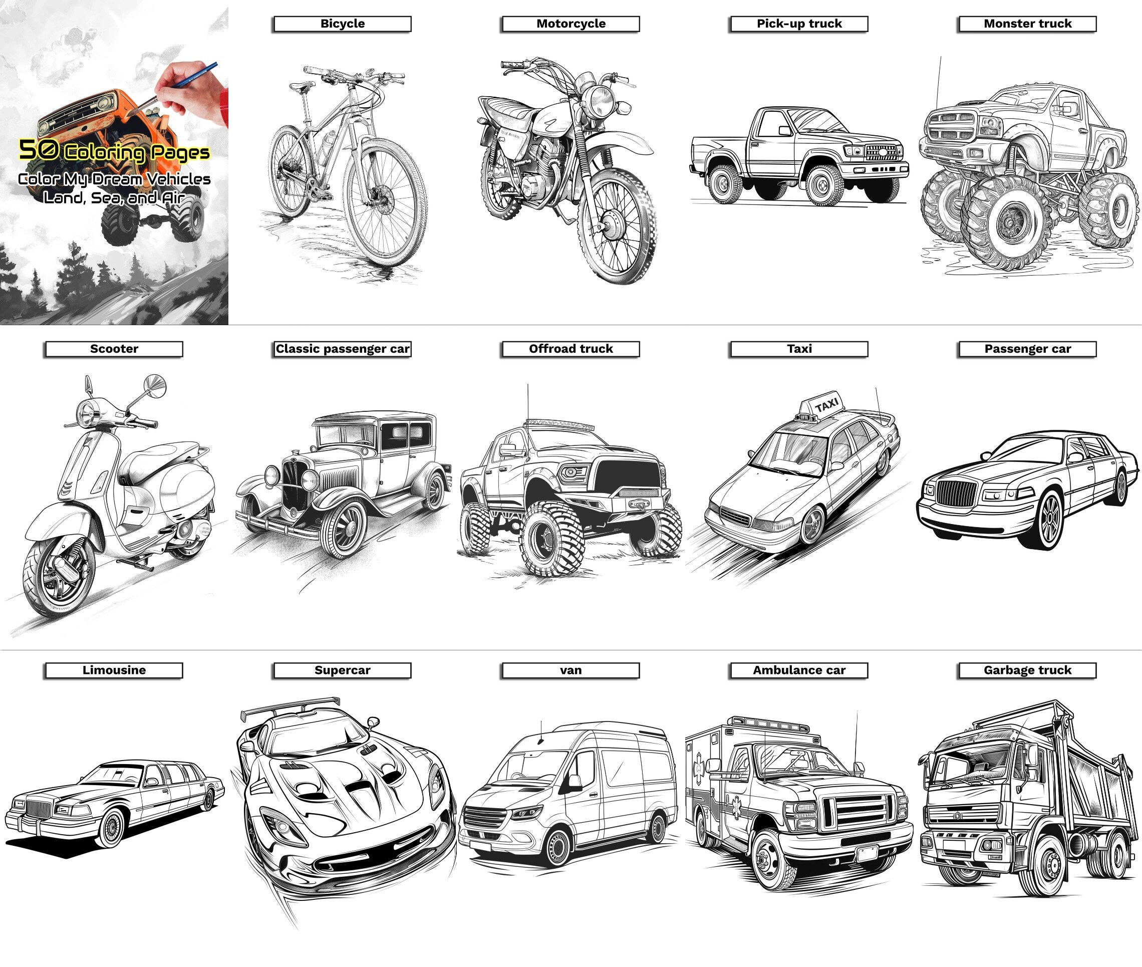 50+ Vehicles Coloring Book for Child and Adult Printable Coloring Book ...
