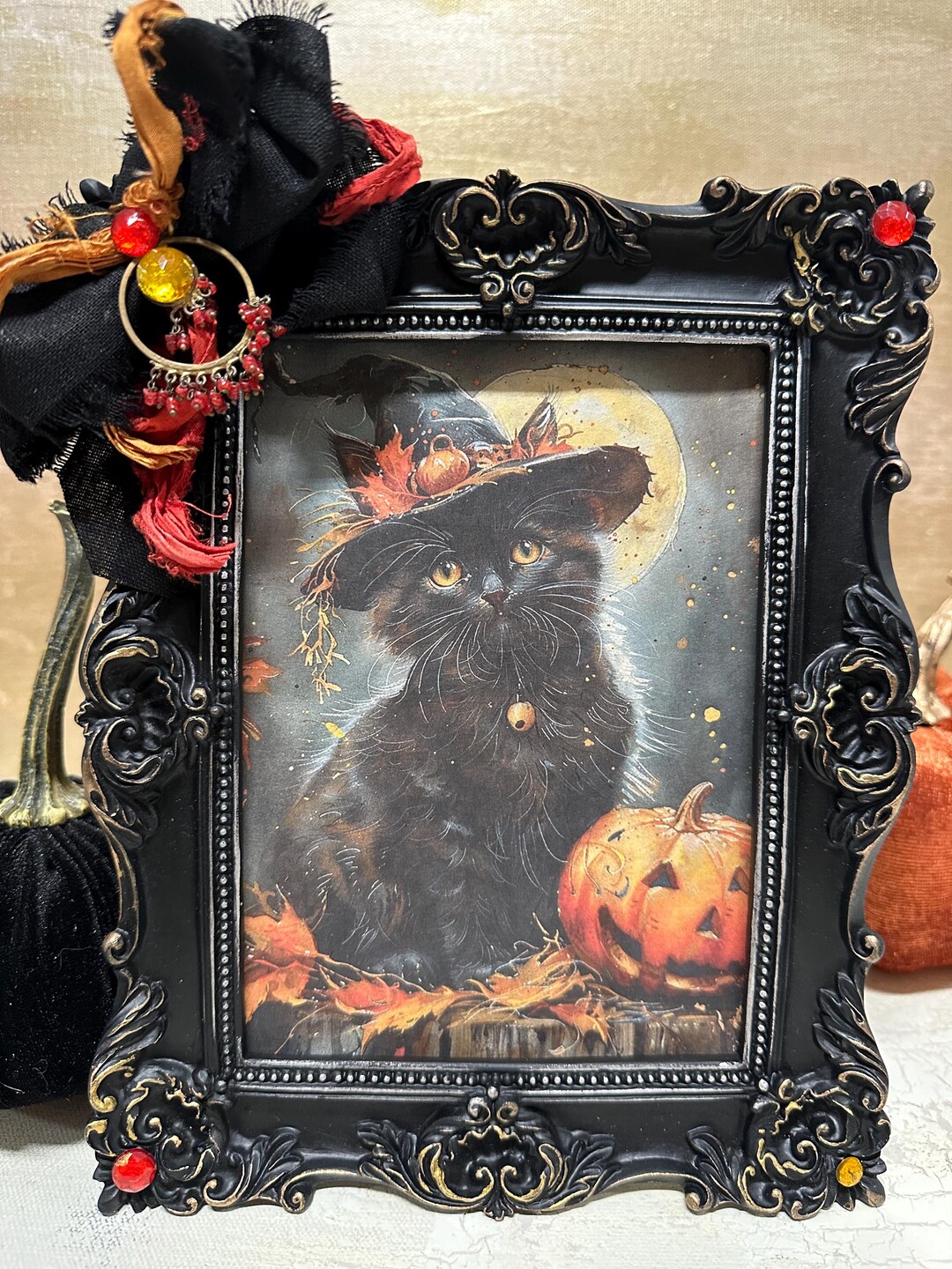 Adorable Black Halloween Cat in Witch's Hat Print Framed in Gothic ...