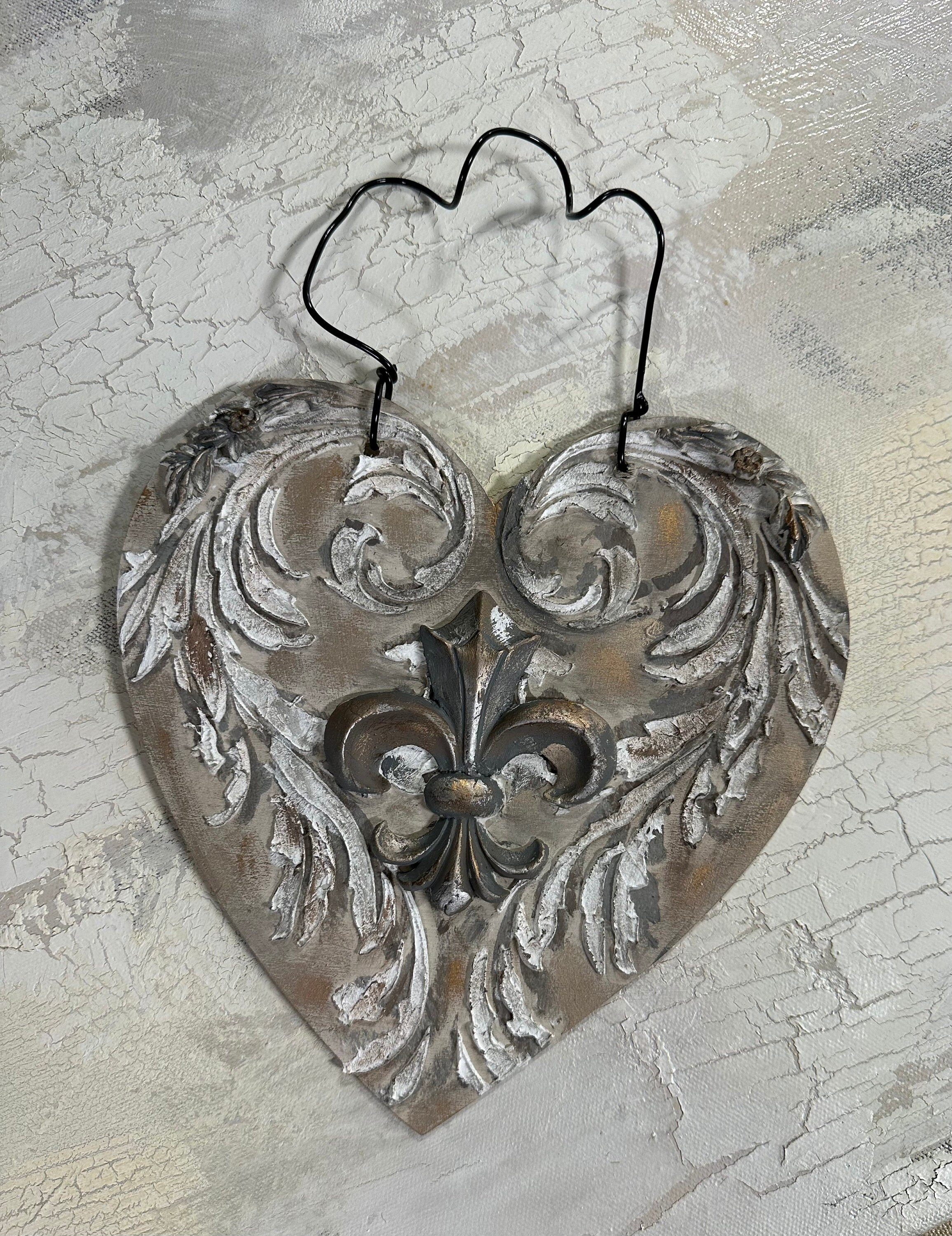 Fleur De Lis Scroll Wood Heart Hanger in Gray/beige/white. 3D, Fiber ...