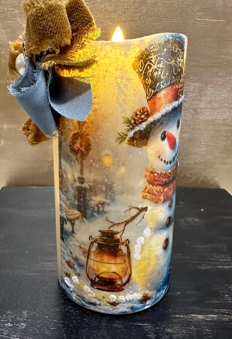 Snowman Flameless Real Wax Pillar Candle 6 X 3. Decoupaged With Snowy ...