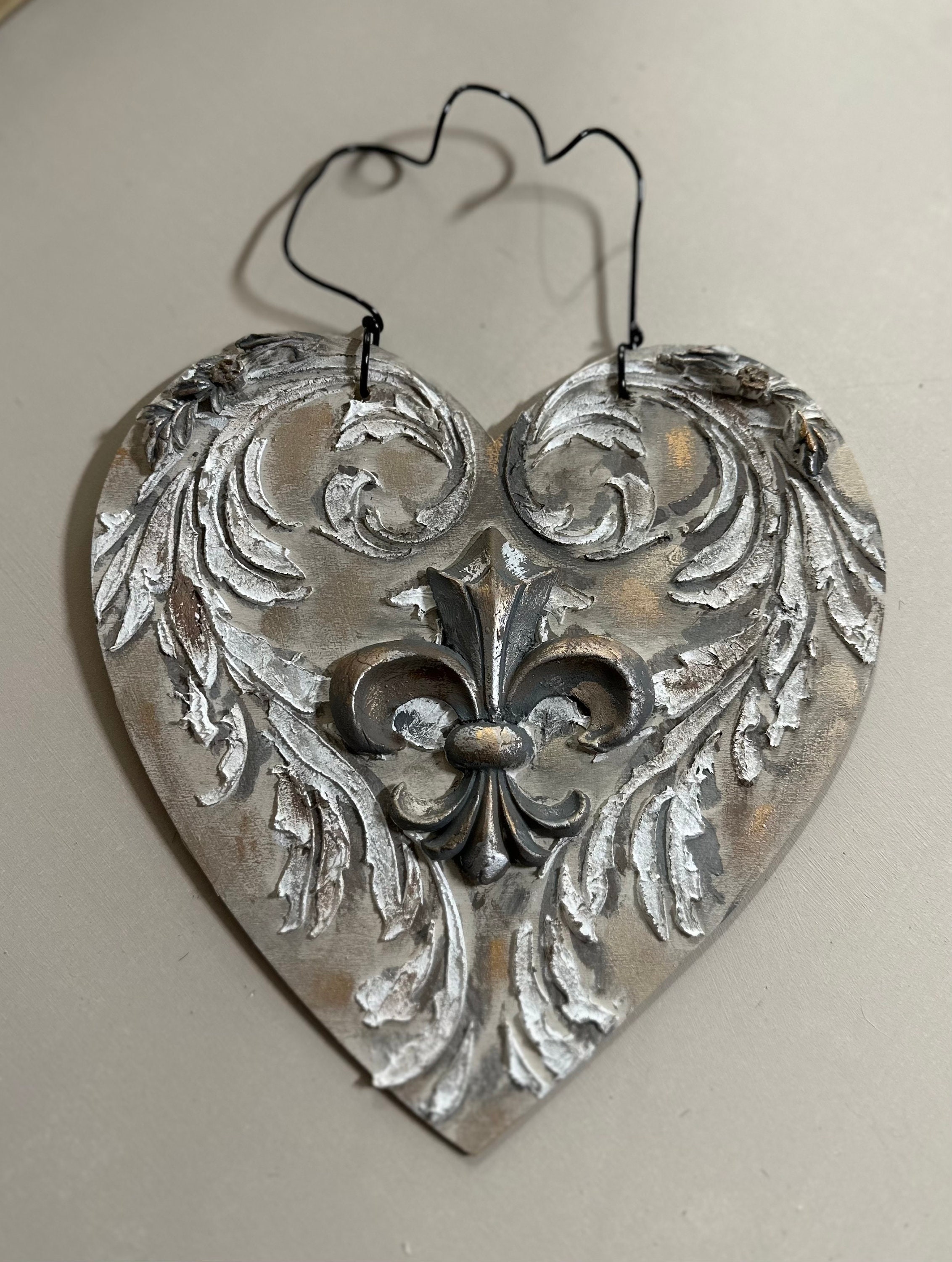 Fleur De Lis Scroll Wood Heart Hanger in Gray/beige/white. 3D, Fiber ...