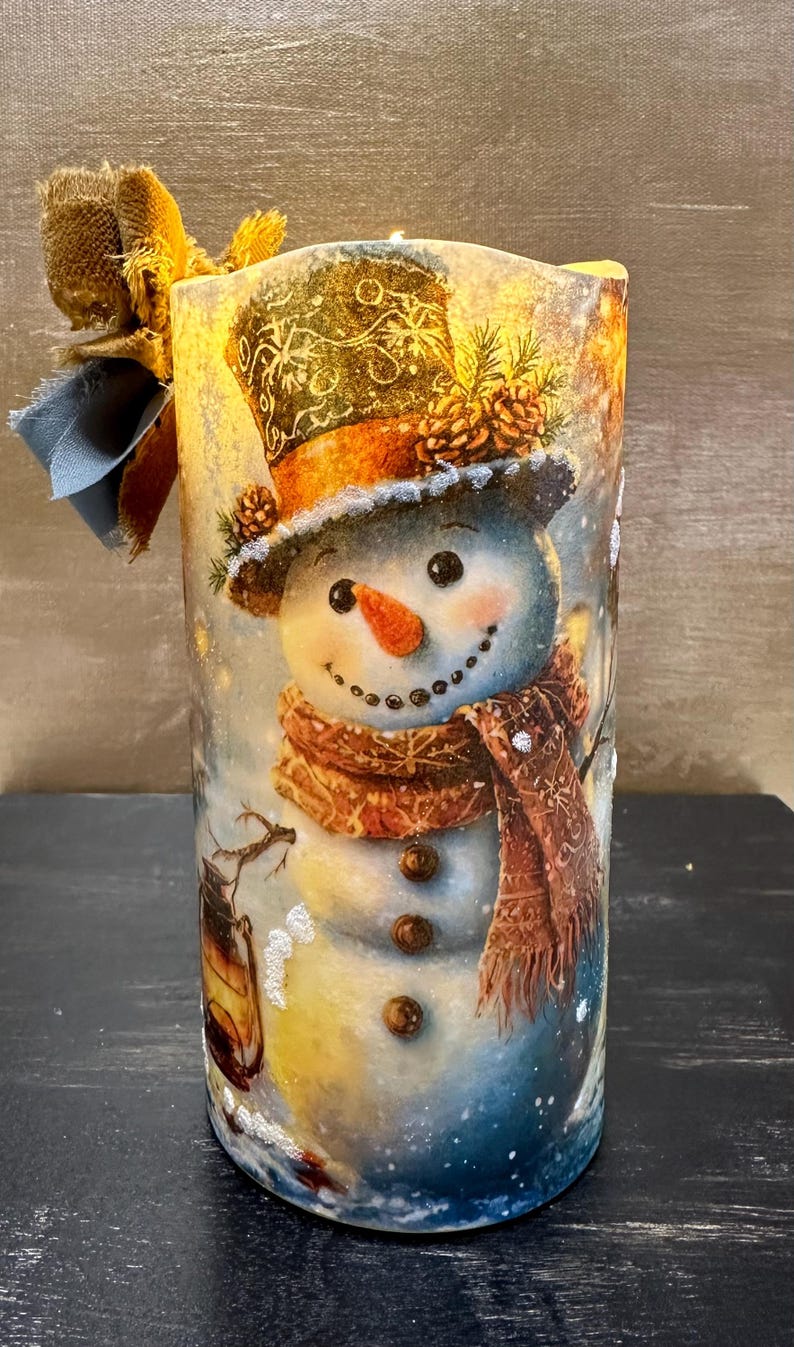 Snowman Flameless Real Wax Pillar Candle 6 X 3. Decoupaged With Snowy ...