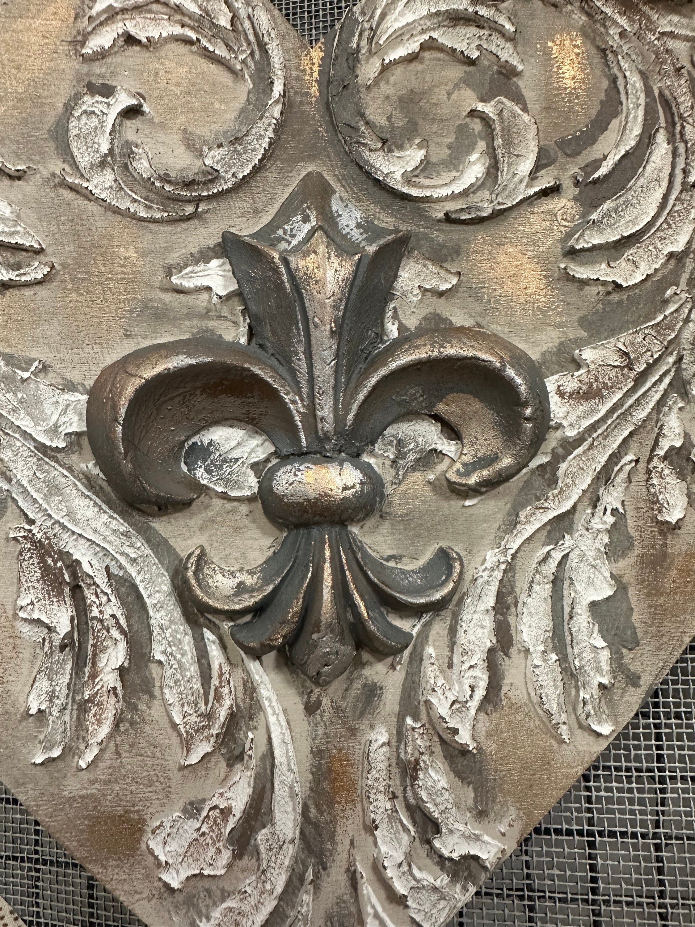 Fleur De Lis Scroll Wood Heart Hanger in Gray/beige/white. 3D, Fiber ...