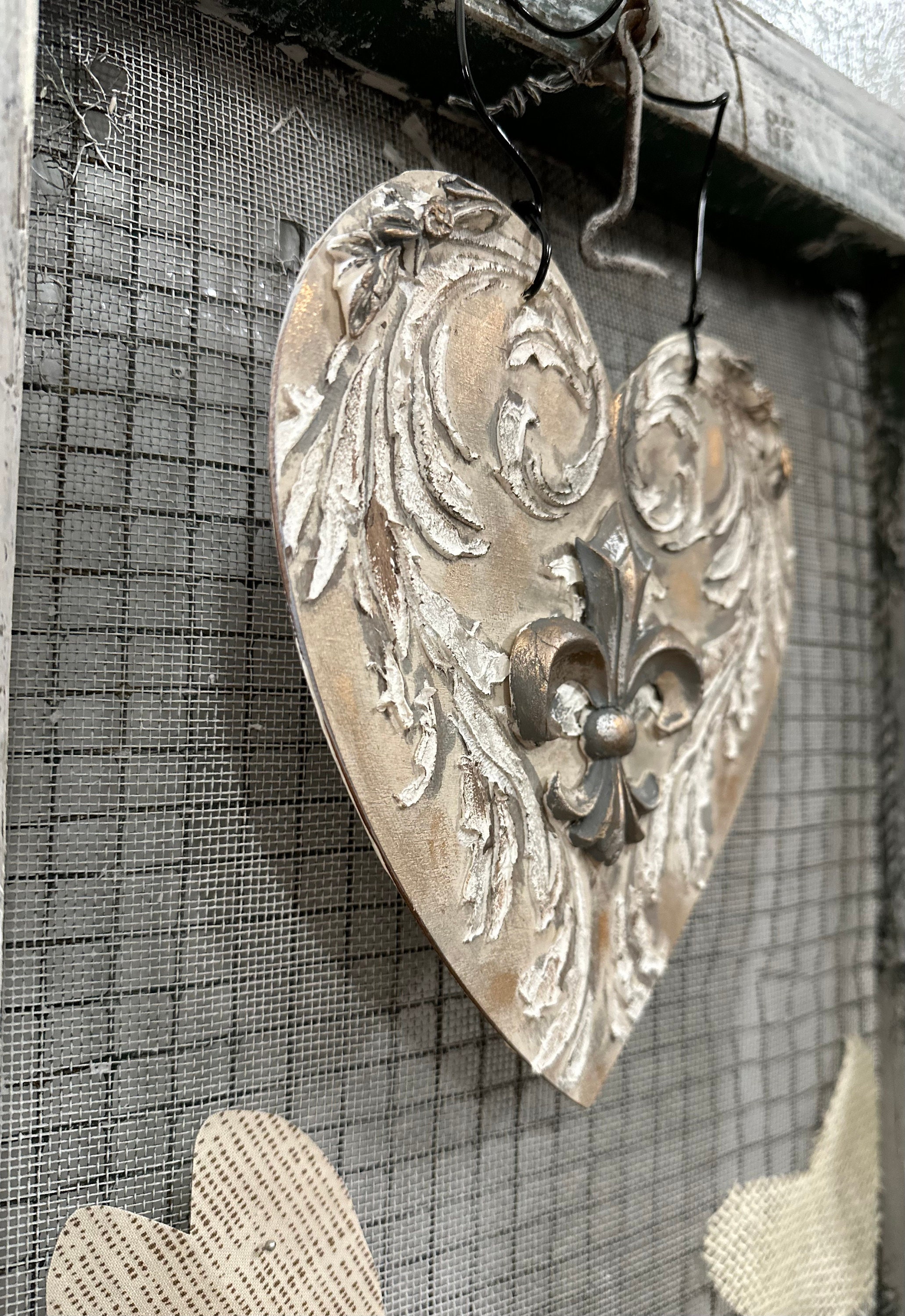 Fleur De Lis Scroll Wood Heart Hanger in Gray/beige/white. 3D, Fiber ...