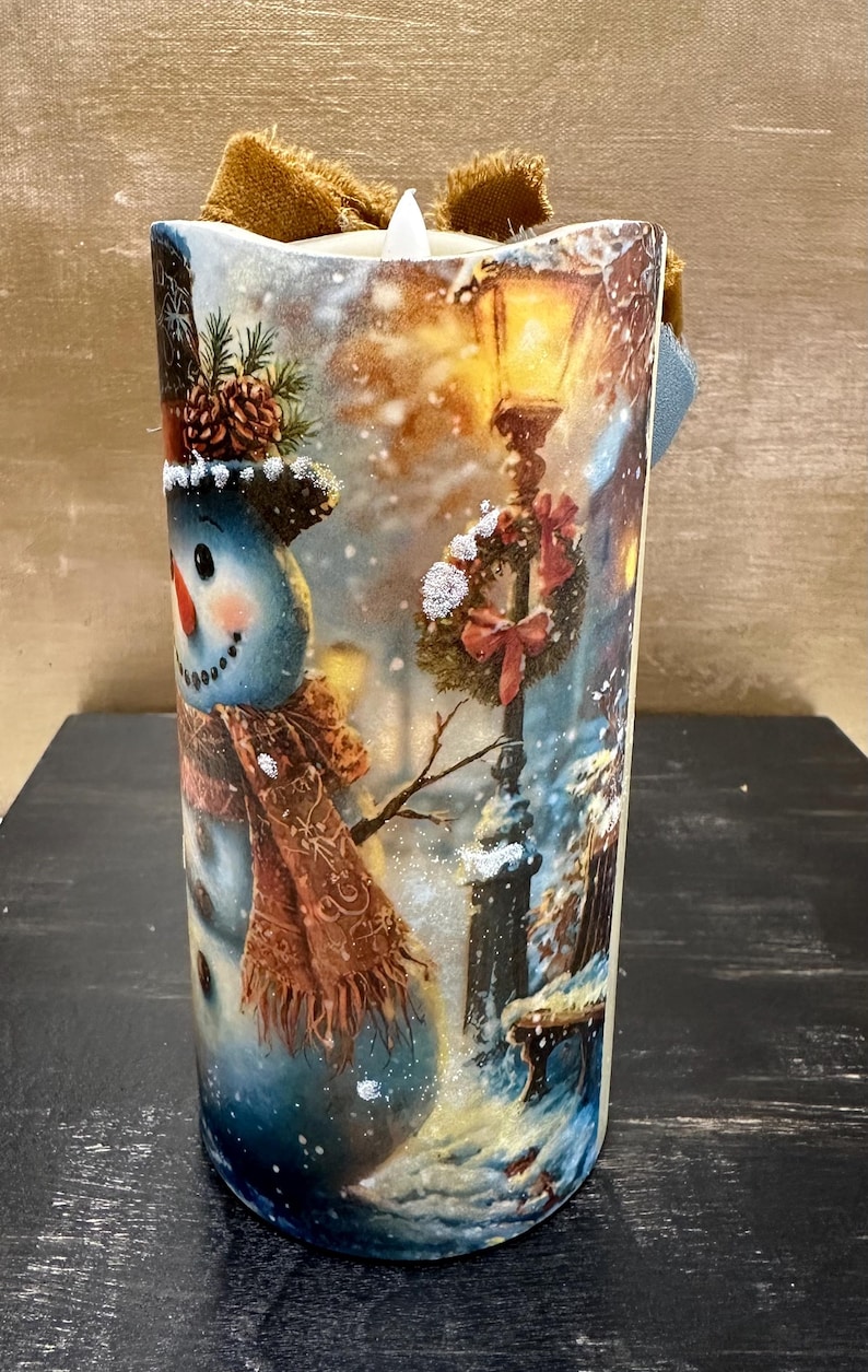 Snowman Flameless Real Wax Pillar Candle 6 X 3. Decoupaged With Snowy ...