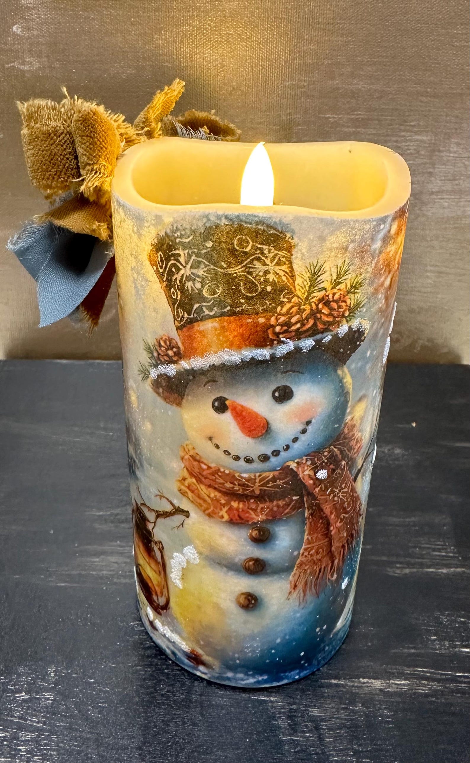 Snowman Flameless Real Wax Pillar Candle 6 X 3. Decoupaged With Snowy ...
