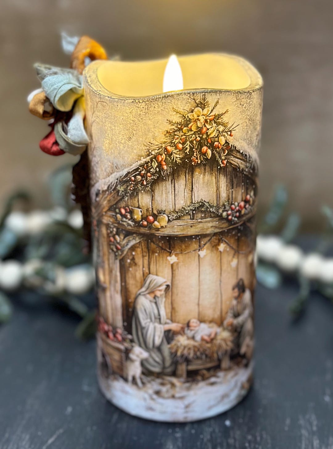 Beautiful Flameless LED Nativity Scene Real Wax Pillar Candle 6x3 ...