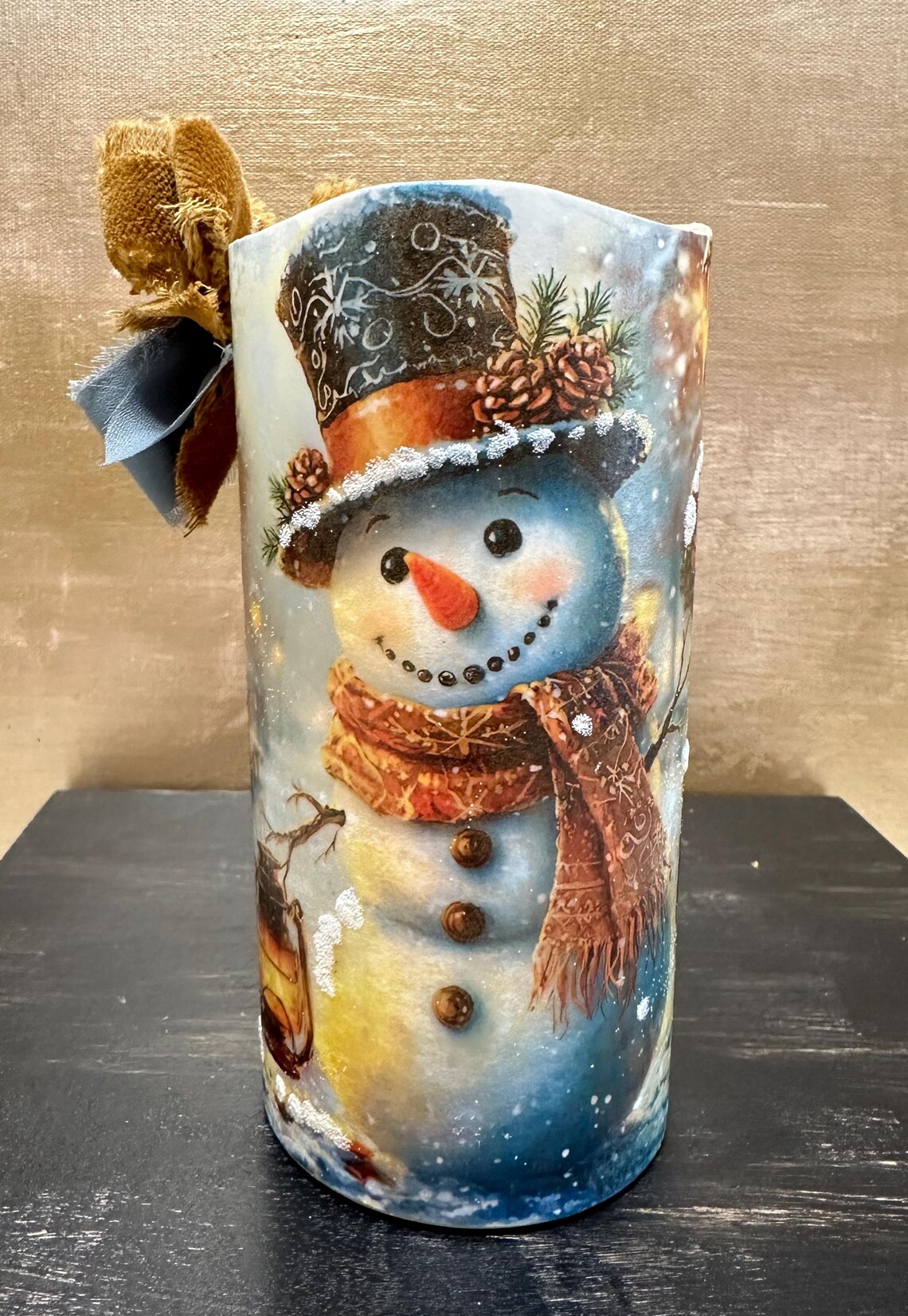 Snowman Flameless Real Wax Pillar Candle 6 X 3. Decoupaged With Snowy ...