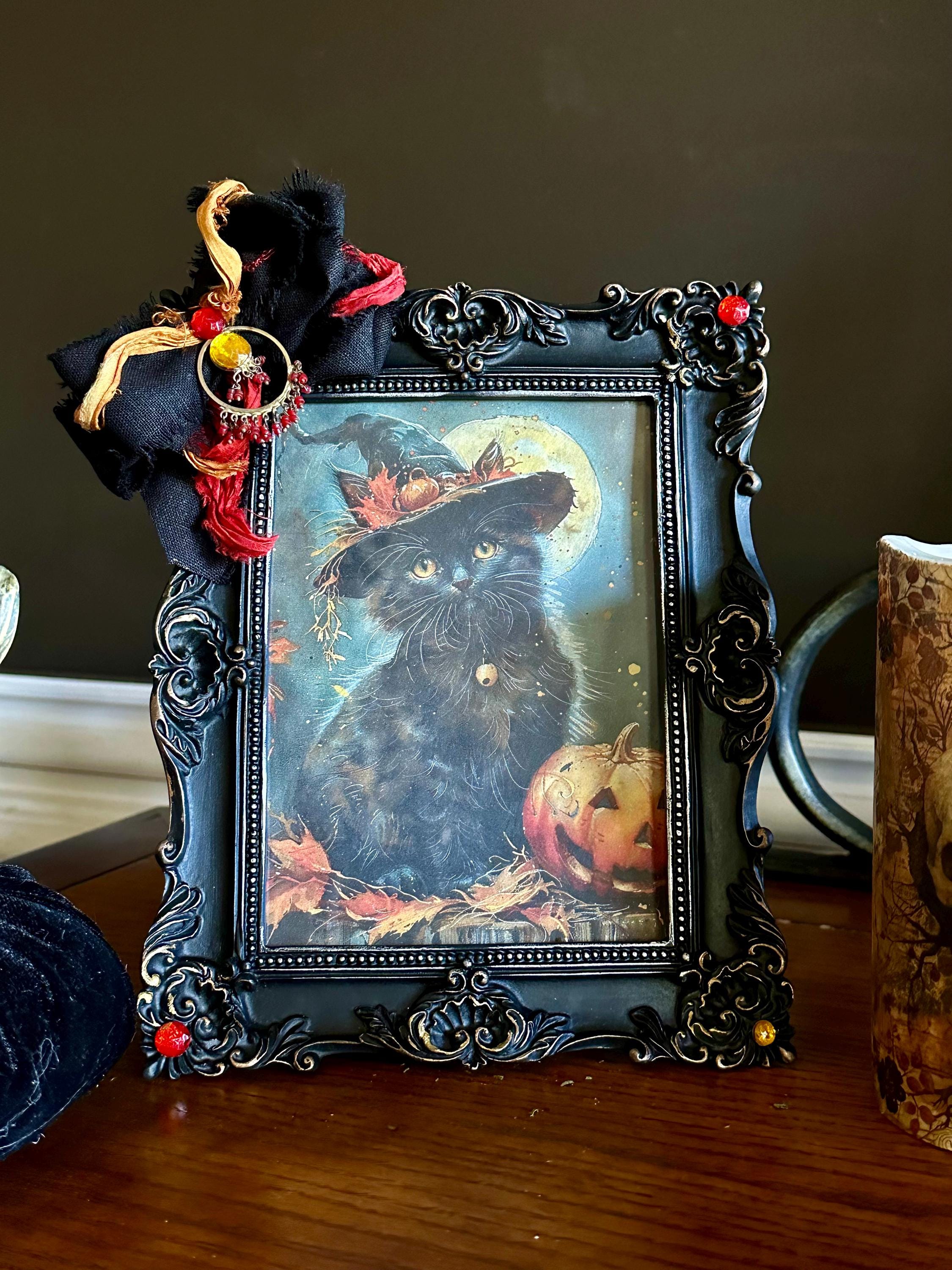 Adorable Black Halloween Cat in Witch's Hat Print Framed in Gothic ...