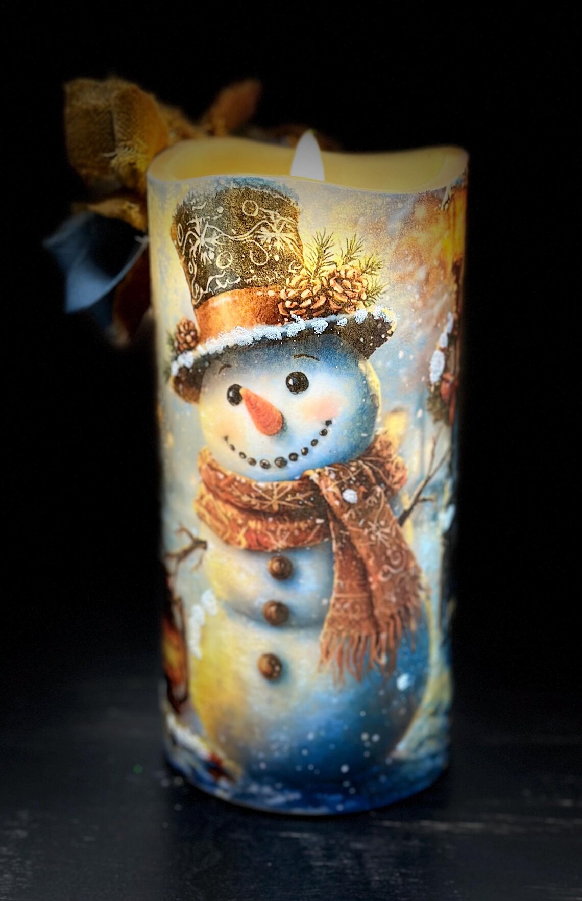 Snowman Flameless Real Wax Pillar Candle 6 X 3. Decoupaged With Snowy ...