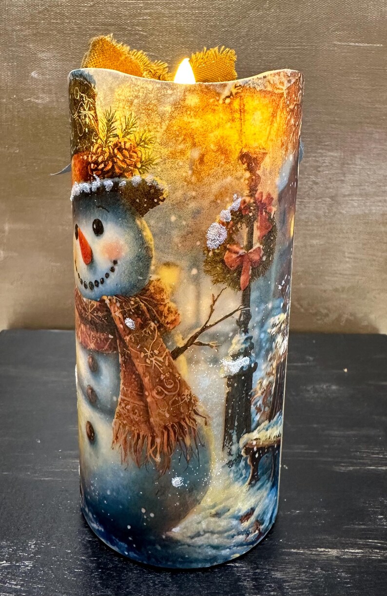 Snowman Flameless Real Wax Pillar Candle 6 X 3. Decoupaged With Snowy ...