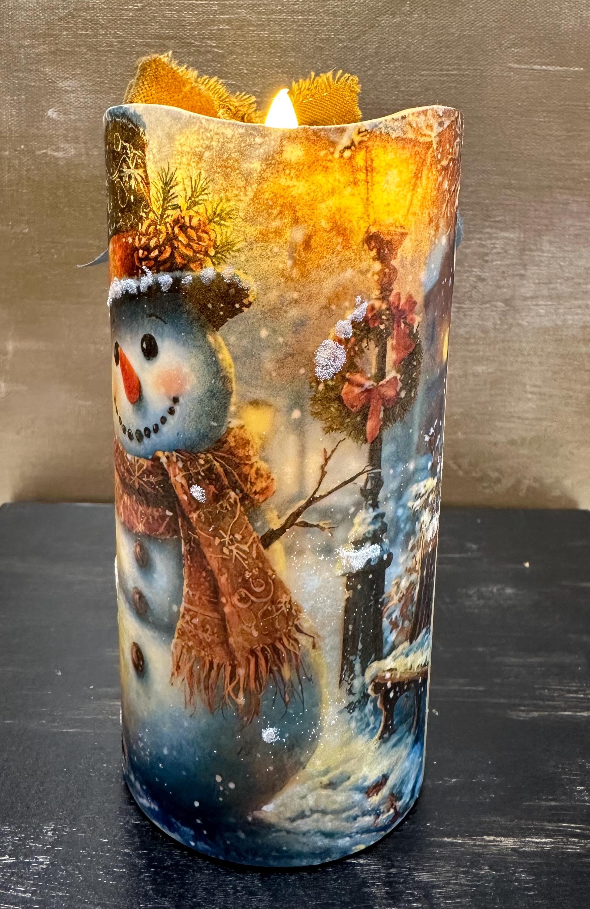 Snowman Flameless Real Wax Pillar Candle 6 X 3. Decoupaged With Snowy ...