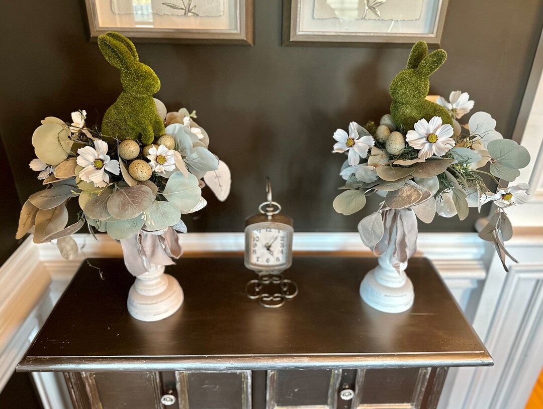 Here Comes Peter Cottontail Pair of Moss Rabbits in Garden Flowers ...