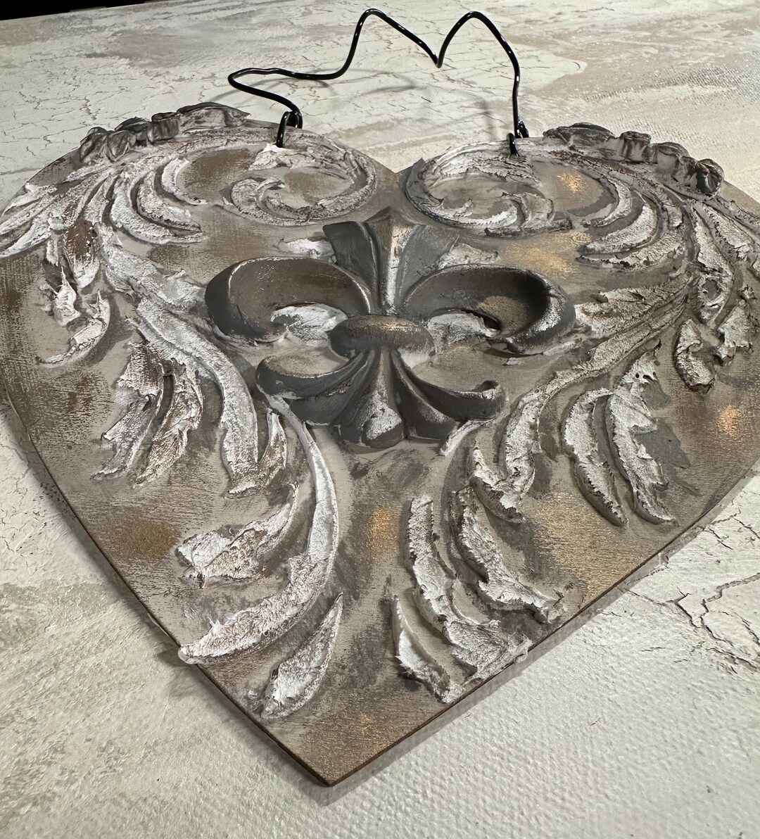 Fleur De Lis Scroll Wood Heart Hanger in Gray/beige/white. 3D, Fiber ...