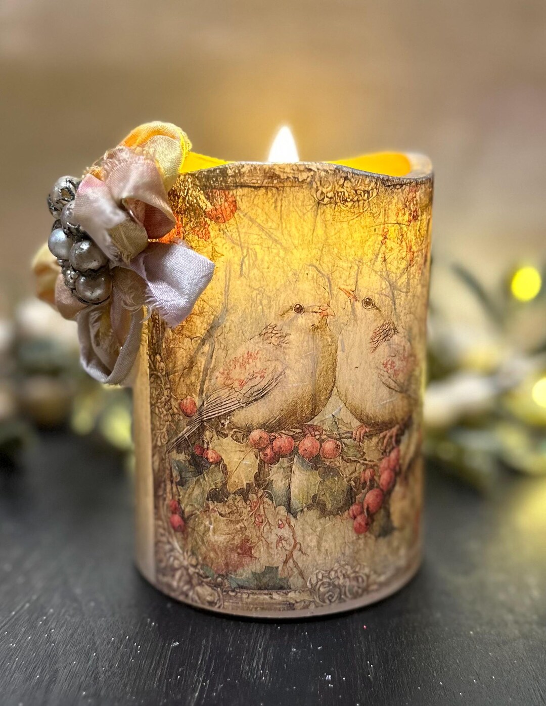 Unique Christmas Doves Flameless Wax Pillar Candle 4x3 Decoupaged All Sides on Opaque Fiber ...