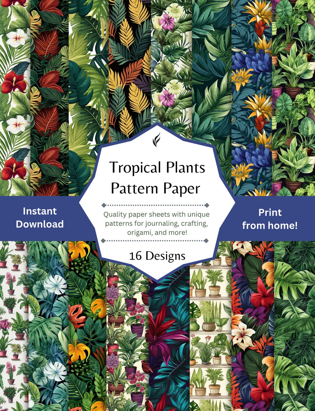 Tropical Pattern Paper, 8.5"x11" Printable Paper, Tropical Leaves ...