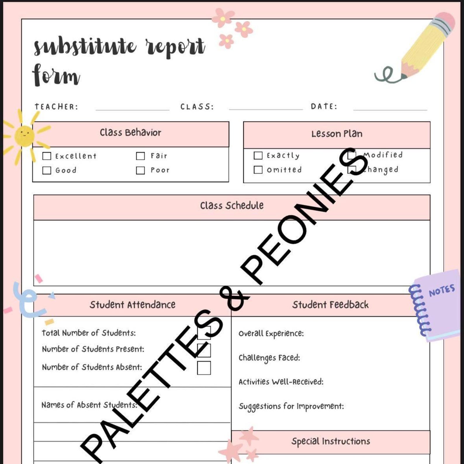 Substitute Teacher Report Form, Cute Pink, Sub Teaching, Girly Teacher ...