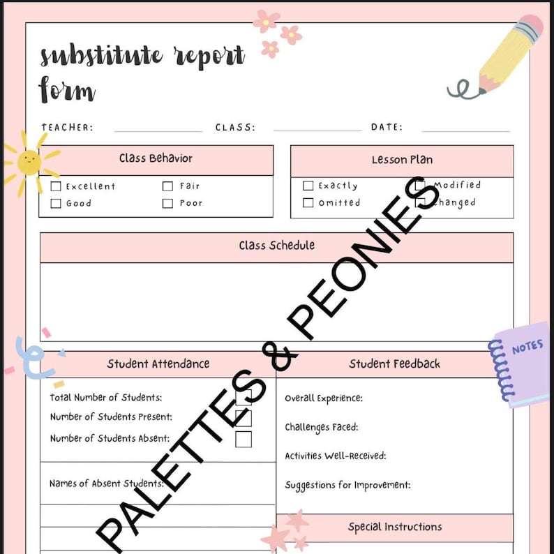 Substitute Teacher Report Form, Cute Pink, Sub Teaching, Girly Teacher ...